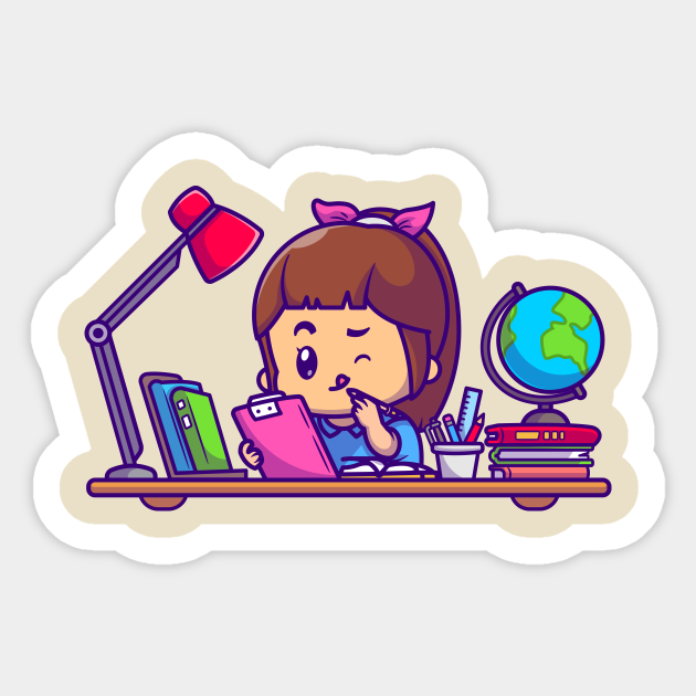 Cute Girl Study With Books Cartoon - Cute Girl Study With Books Cartoon - Sticker | TeePublic